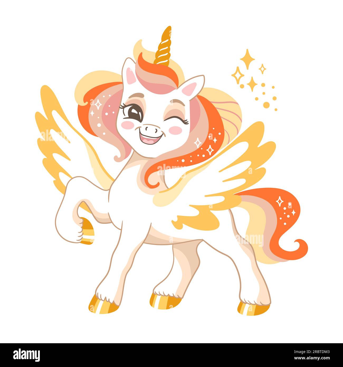 Cute cartoon character white unicorn with golden wings and hooves ...