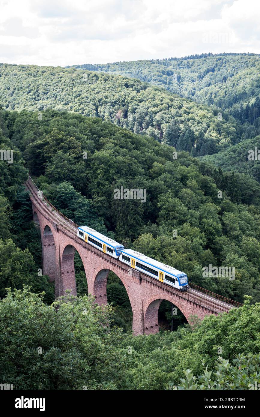 old arch Bridge railway viaduct between hills in the green Forest ...