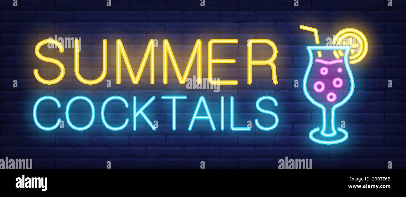 Summer cocktails neon sign. Glowing lettering with cocktail Stock ...