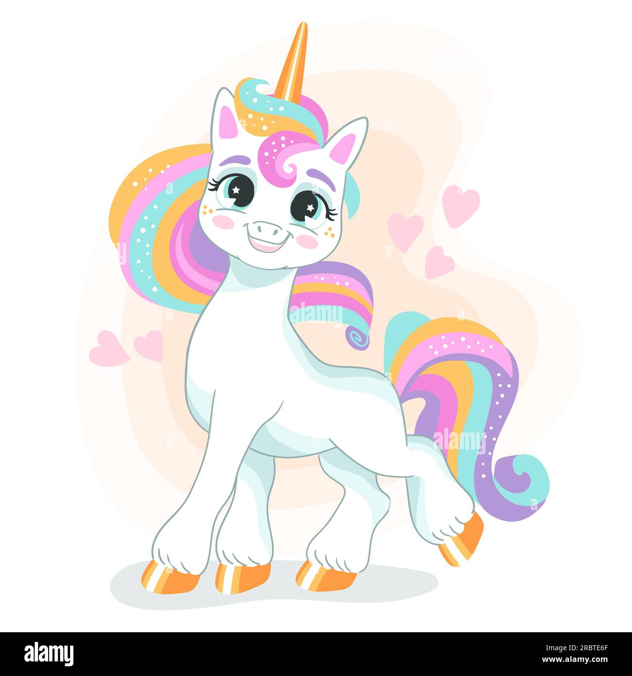 Cute cartoon character close up unicorn with a rainbow mane on a white ...