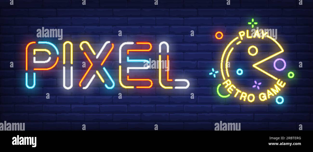 Pixel, play retro game neon text and character Stock Vector Image & Art ...