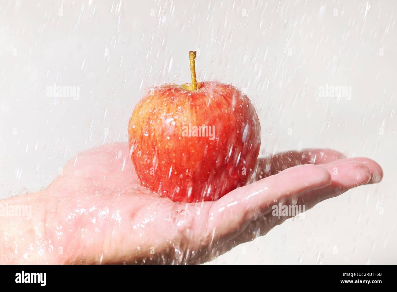 A red apple in a hand in rain Stock Photo - Alamy