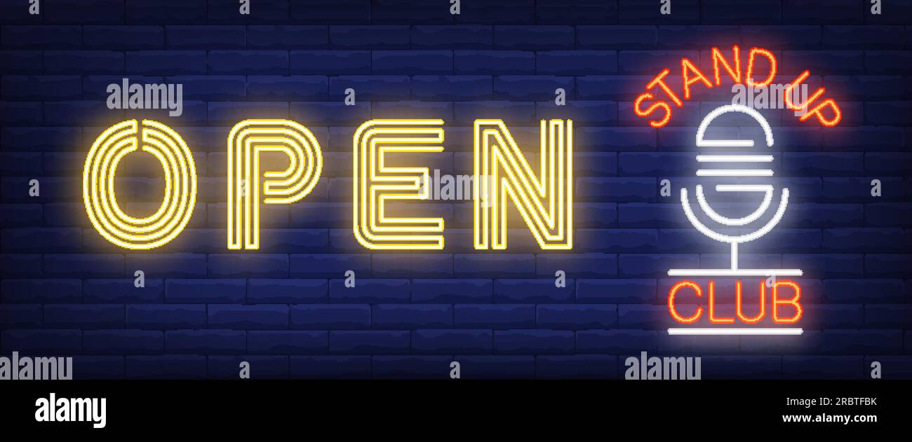 Open bar neon sign. Glowing Stand Up Club and mike Stock Vector Image ...