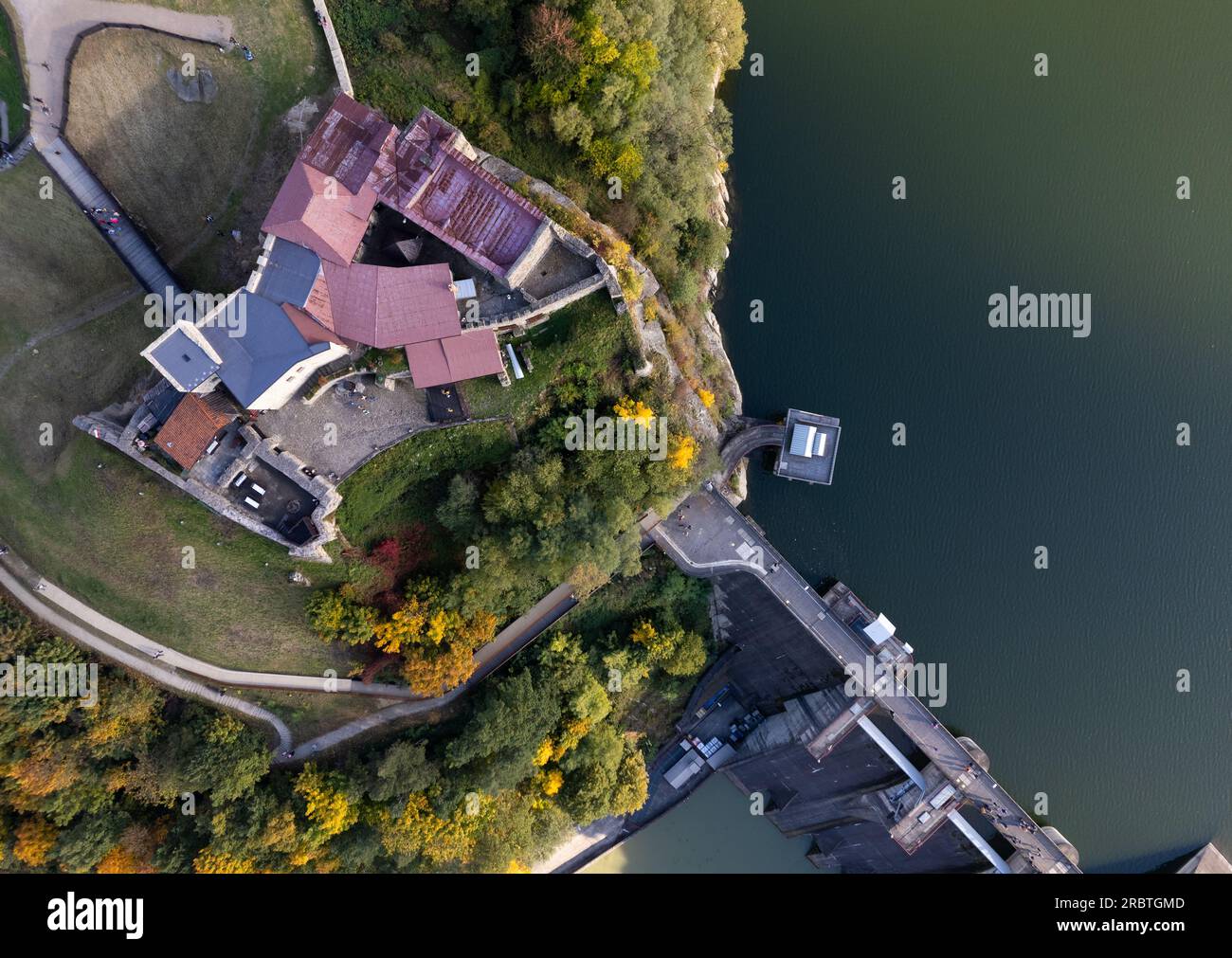 Dobczyce water dam, hydroelectric power plant, reservoir, aerial view ...