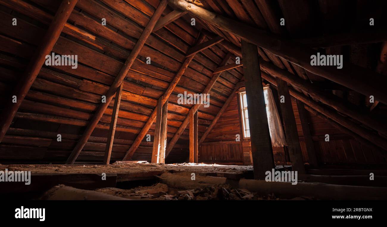 Abstract grunge wooden interior, panoramic perspective view of ...