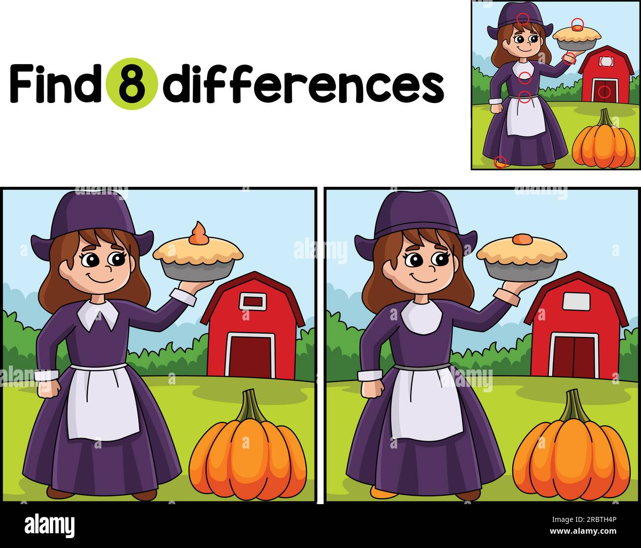 Thanksgiving Pilgrim Girl Pie Find The Differences Stock Vector Image ...