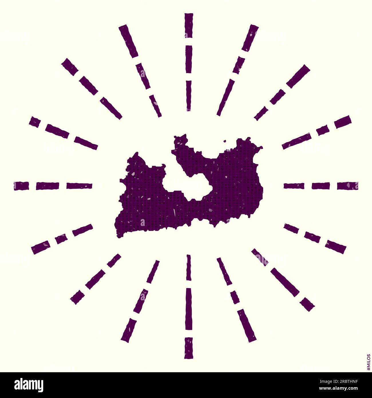 Milos Logo. Grunge sunburst poster with map of the island. Shape of ...