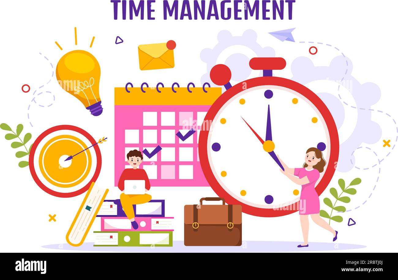 Time Management Vector Illustration with Clock Controls and Tasks Planning Training Activities ...
