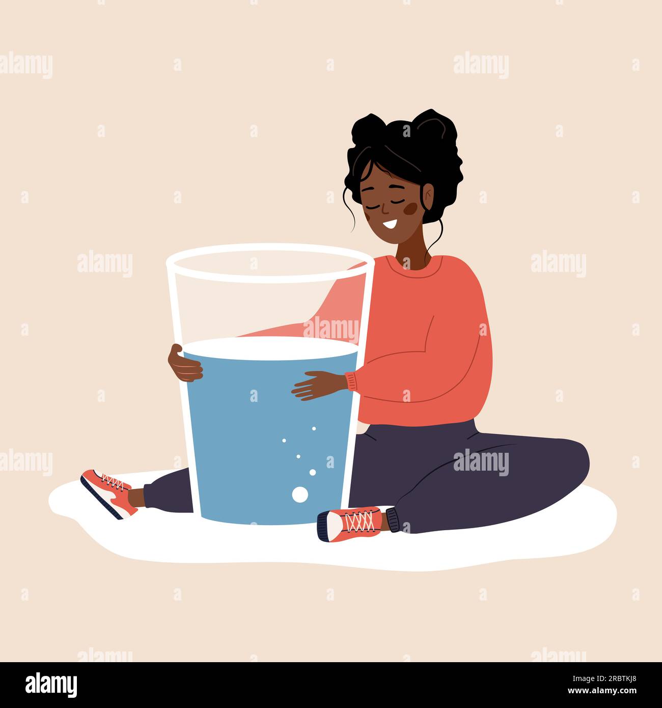 Water balance. Thirsty african woman hugs large glass of pure water. Morning routine. Useful ...