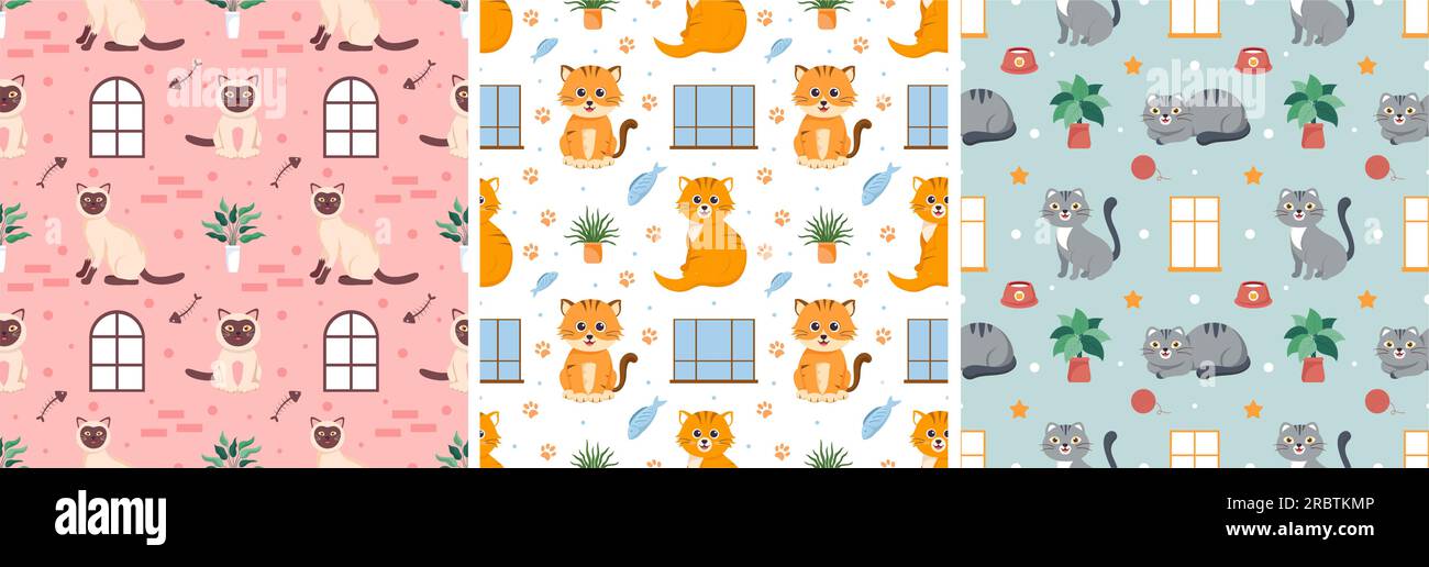 Set of Cats Animals Seamless Pattern Design with Cat Element in ...