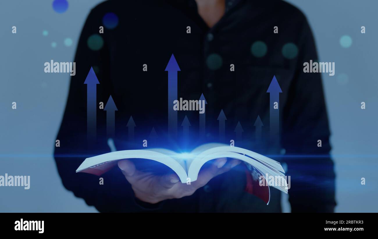 Open the book with the up arrow line icon. A man holding an open book ...