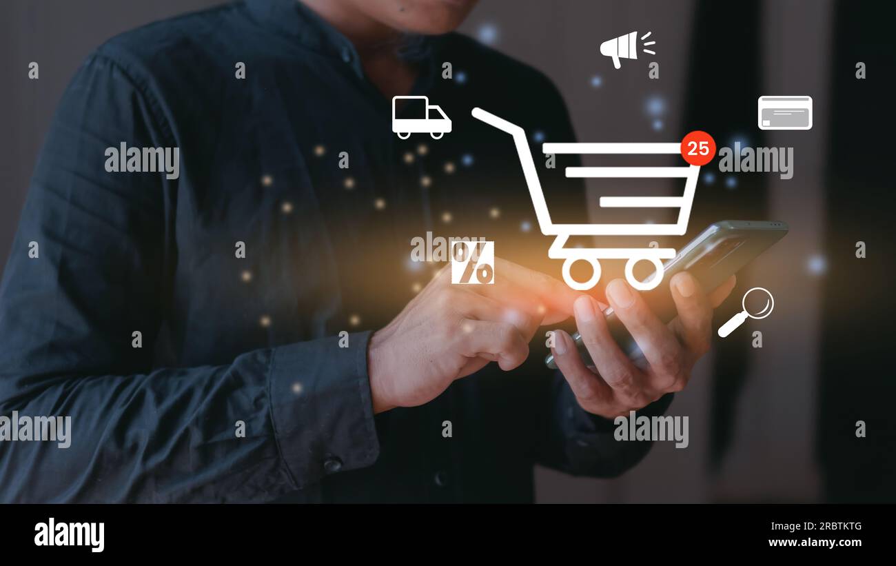 Male hand-holding phone with shopping cart and business icons, internet ...