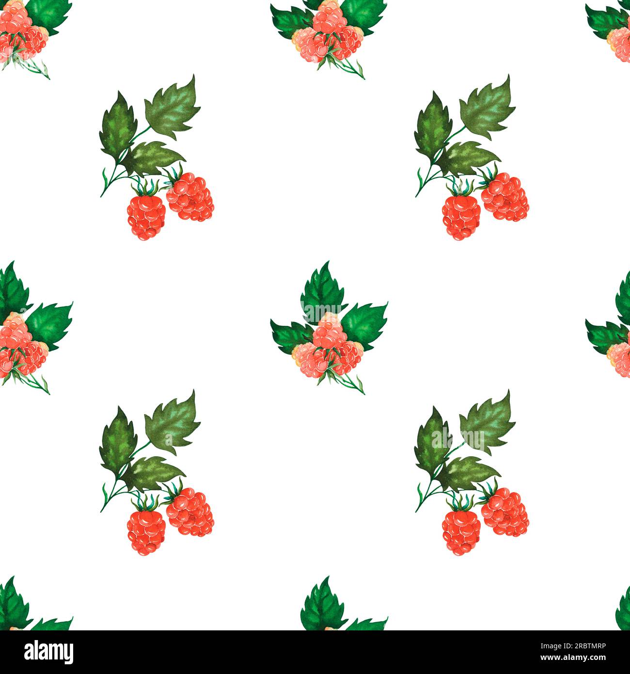 Seamless watercolour raspberry pattern with berries, leaves hand drawn ...