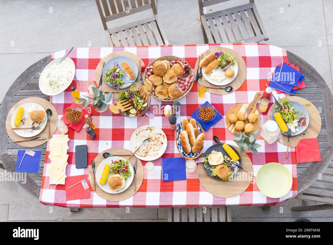 Overhead view of outdoor chairs and dining table set with american ...