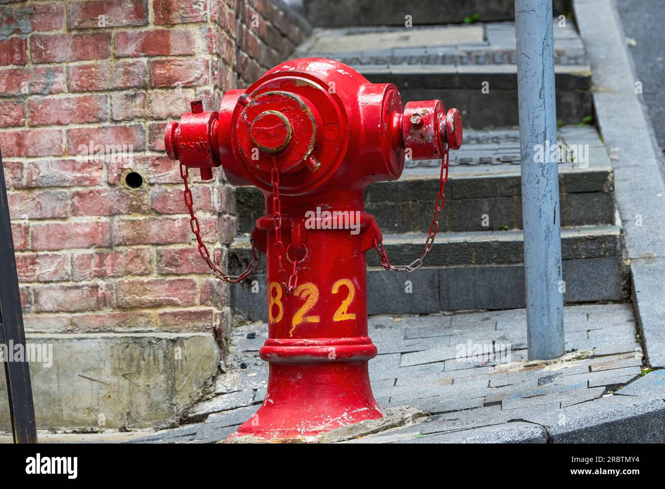 Close up of red fire hydrants on the streets of Central, Hong Kong ...