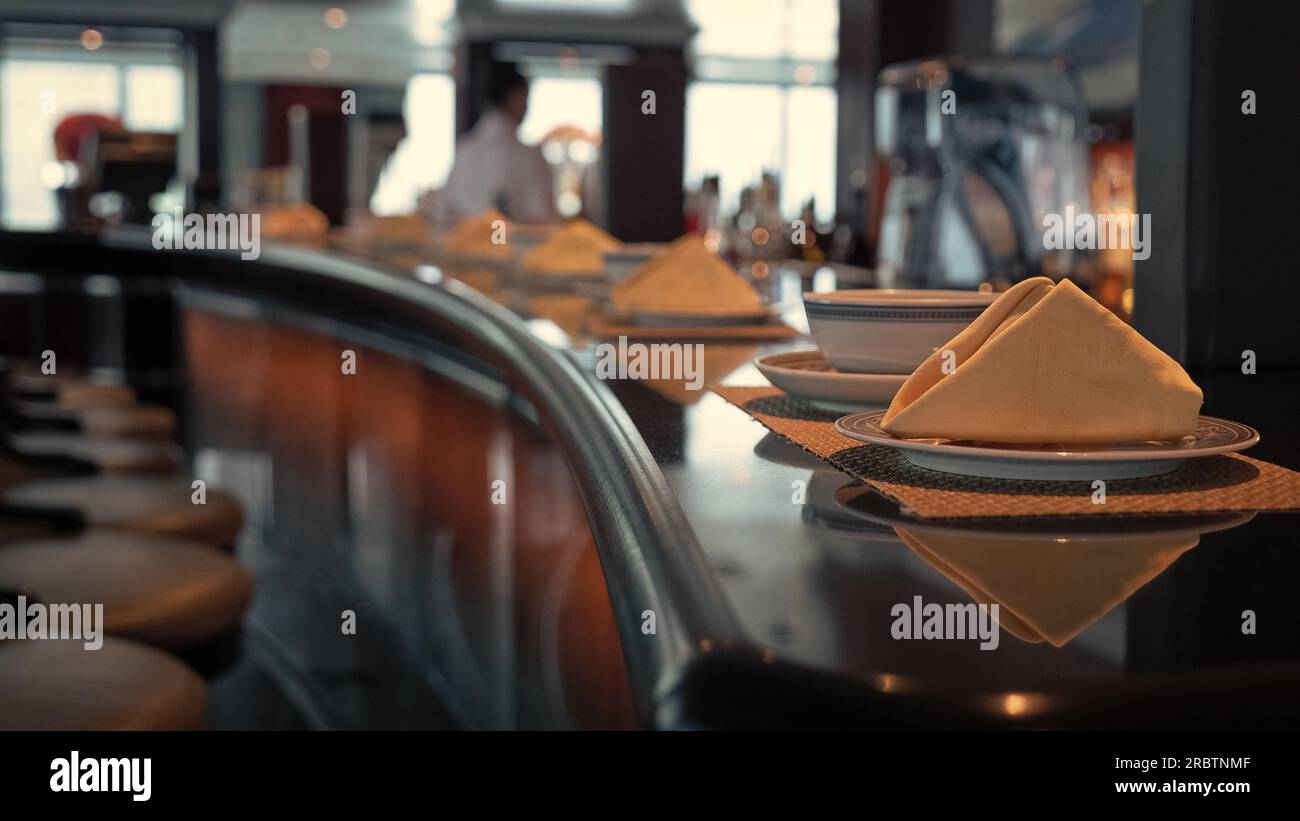 Bar counter in restaurant. Bar counter setting with tea crockery and ...
