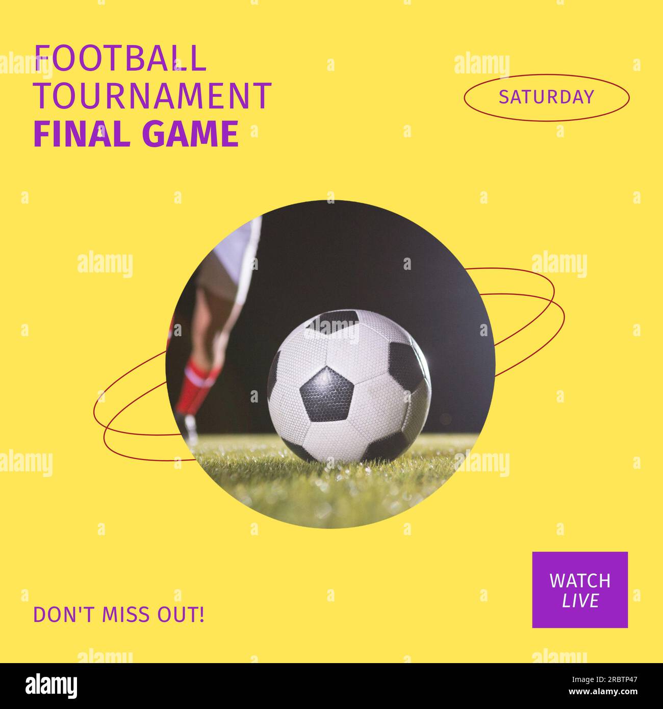 Football tournament final game text in purple with legs of player and ...