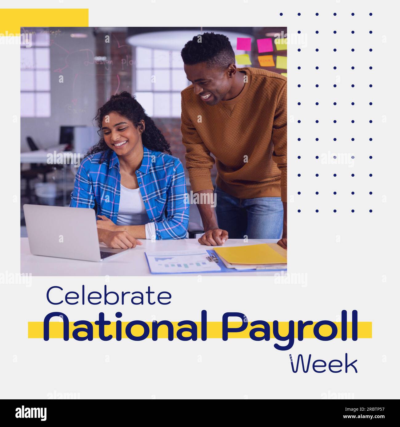 Composition of celebrate national payroll week text over happy diverse ...