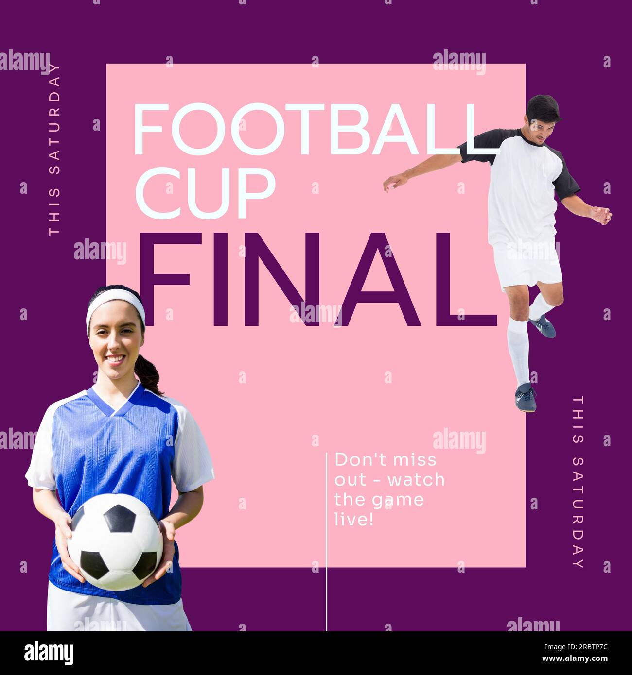 Football cup final text on pink with diverse female and male football ...