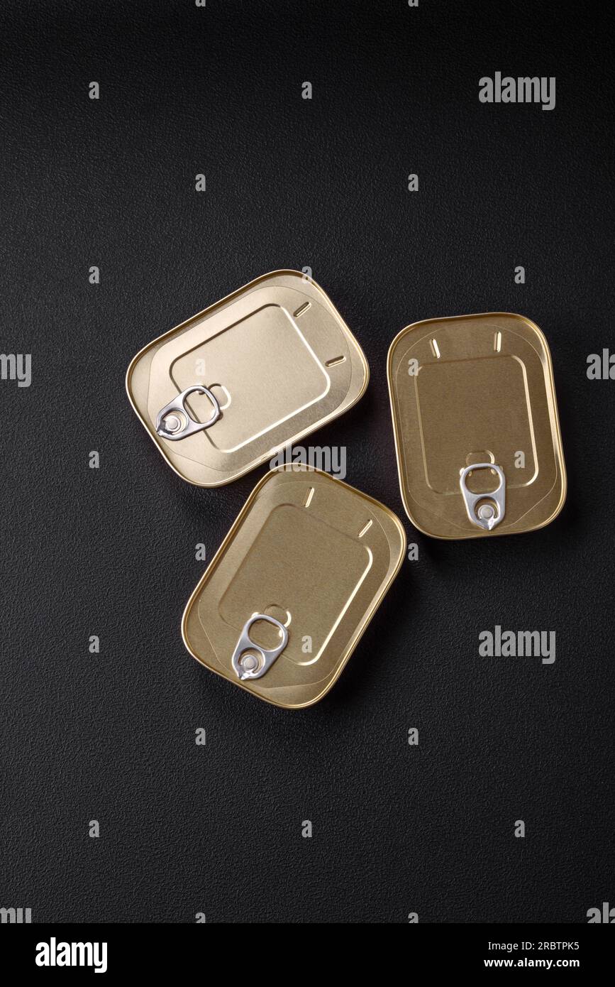 Tin or aluminum rectangular can of canned food with a key on a dark ...