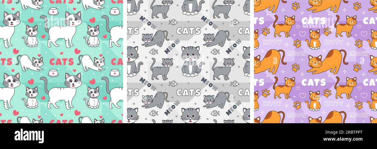 Set of Cats Animals Seamless Pattern Design with Cat Element in ...