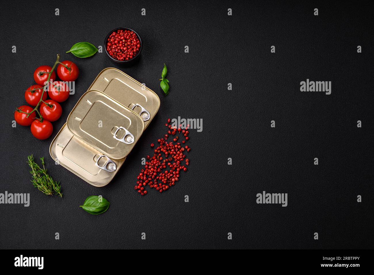 Tin or aluminum rectangular can of canned food with a key on a dark ...