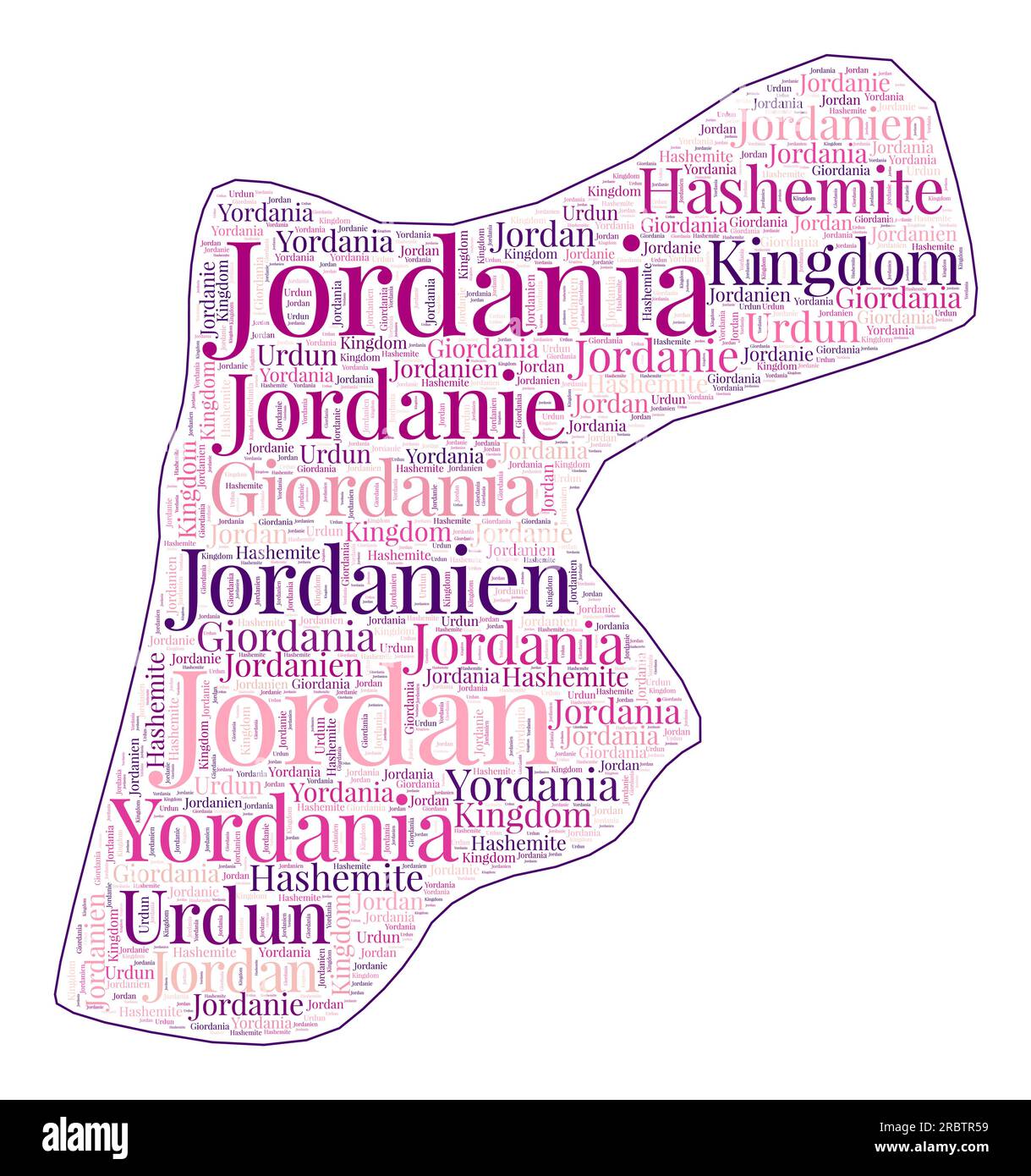 Jordan shape filled with country name in many languages. Jordan map in ...