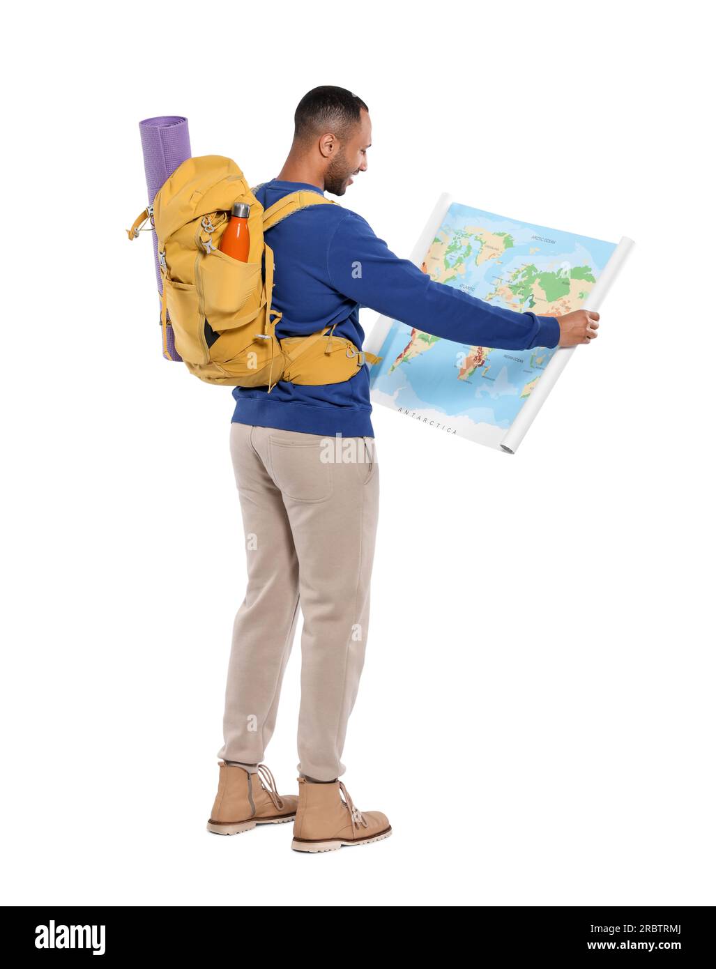 Tourist with backpack and map on white background Stock Photo - Alamy