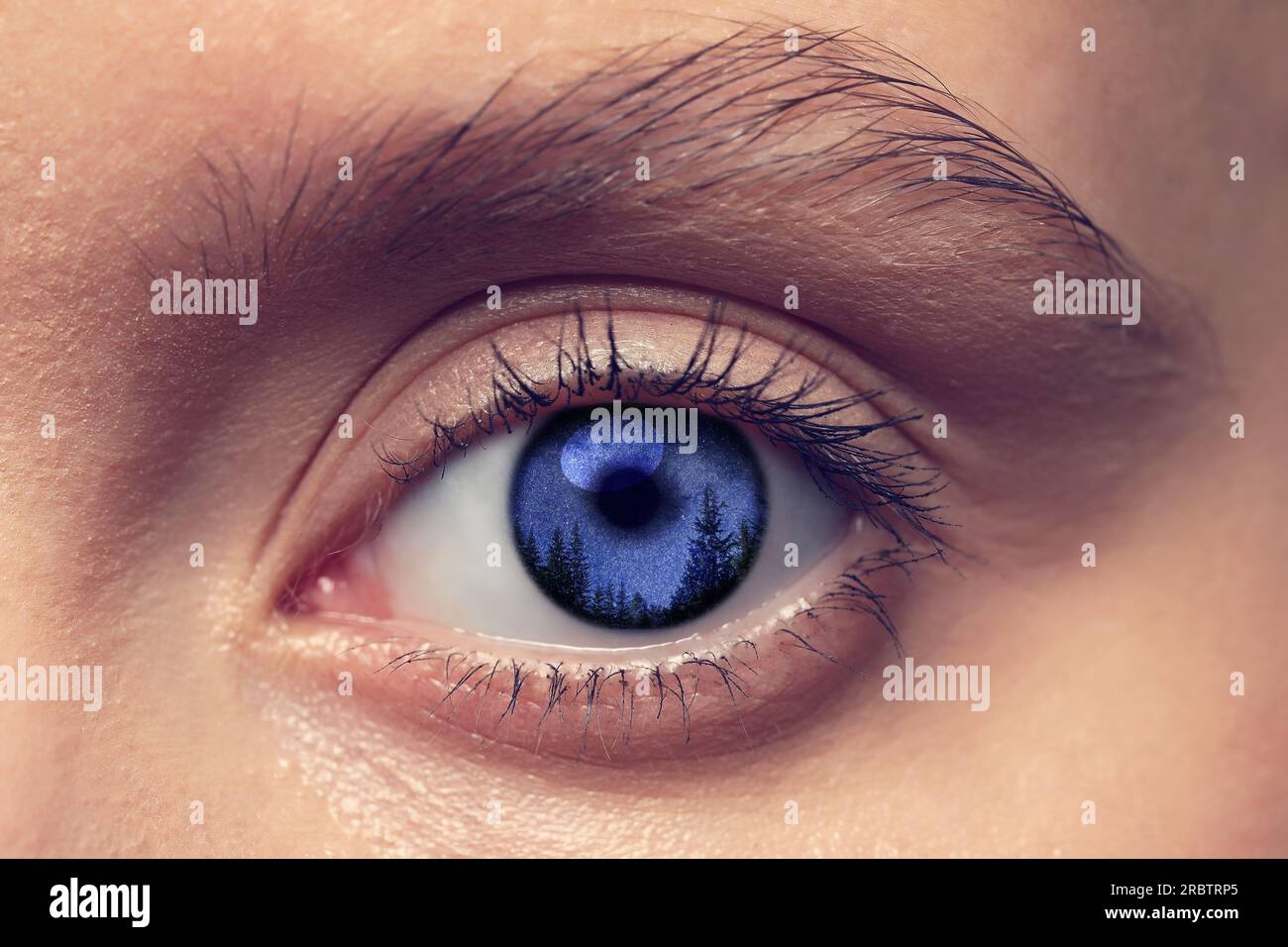 Paranormality, supernatural or mental disorders concepts. Starry night sky over trees in iris ...