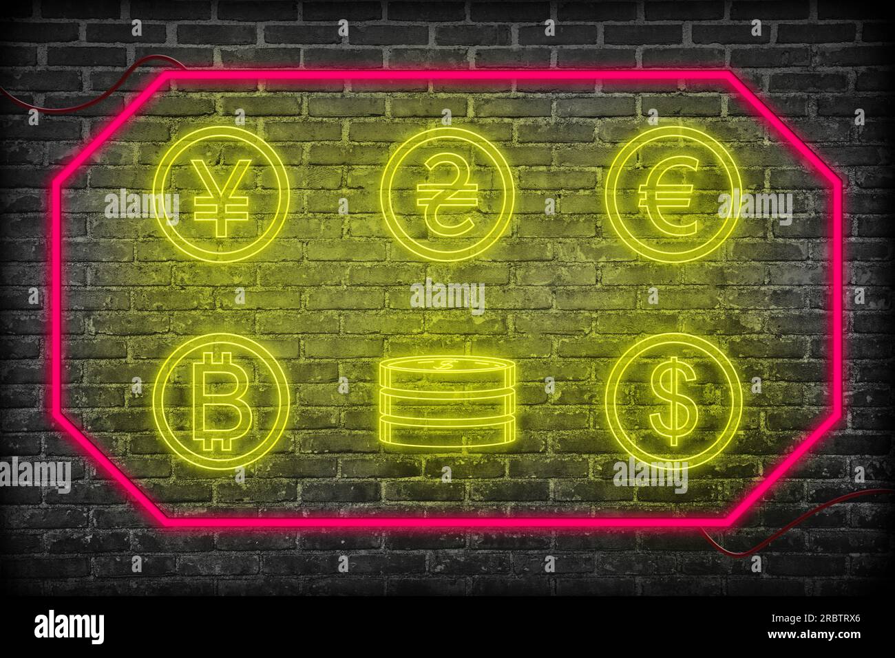 Money exchange neon sign. Pink frame with yellow symbols of different ...