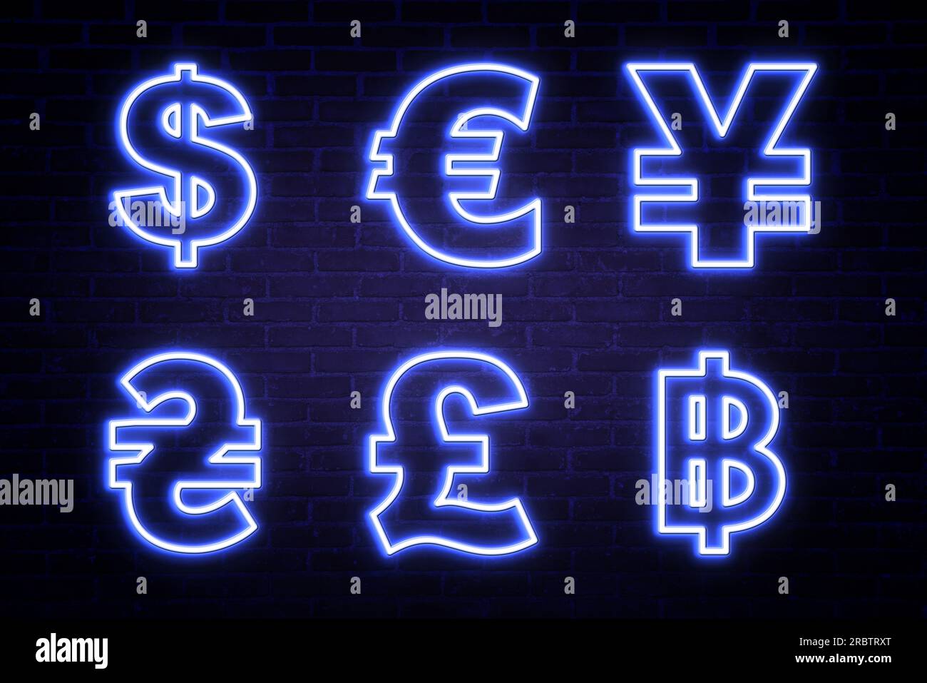 Money exchange neon sign. Blue symbols of different currencies on brick ...
