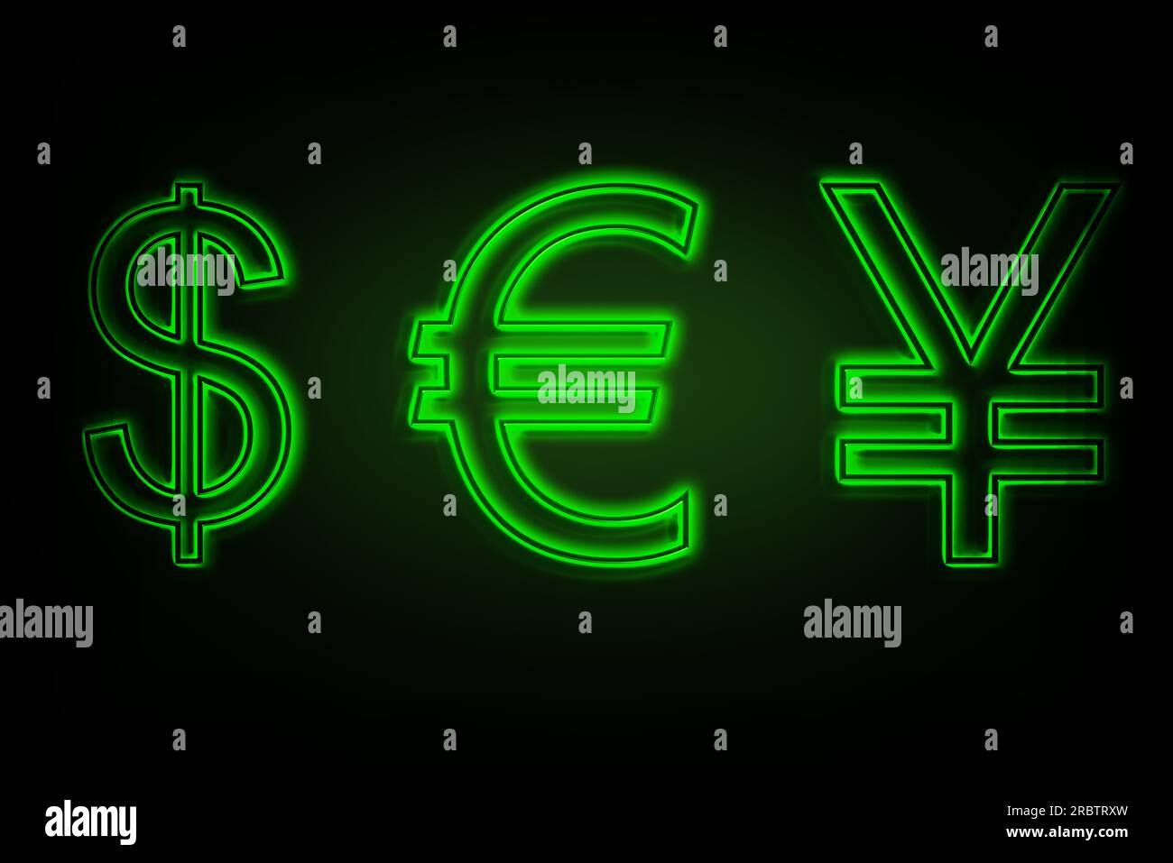 Money exchange neon sign. Green symbols of different currencies on ...