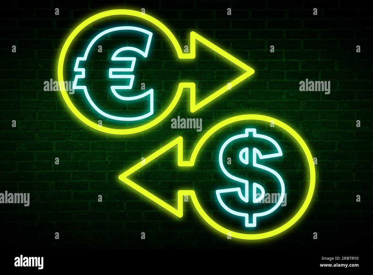 Money exchange neon sign. Yellow arrows, light blue euro and dollar ...