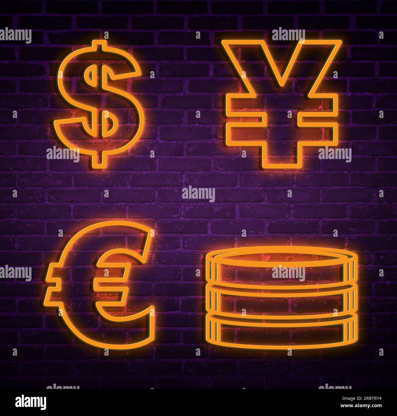 Money exchange neon sign. Orange symbols of different currencies on ...