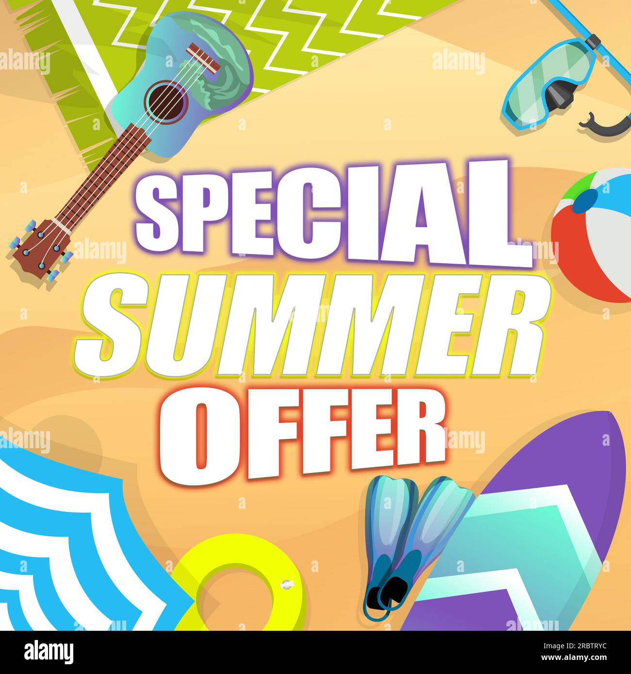 Special summer offer flyer design. Illustration of sandy beach with ...