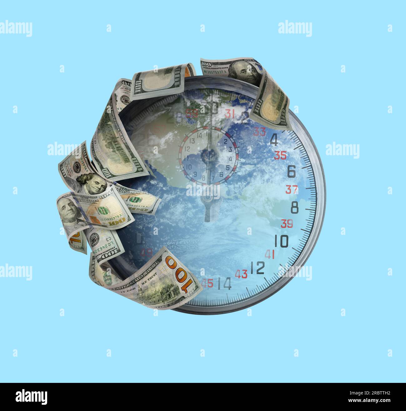 Speed of money transaction. Double exposure of planet and stopwatch ...