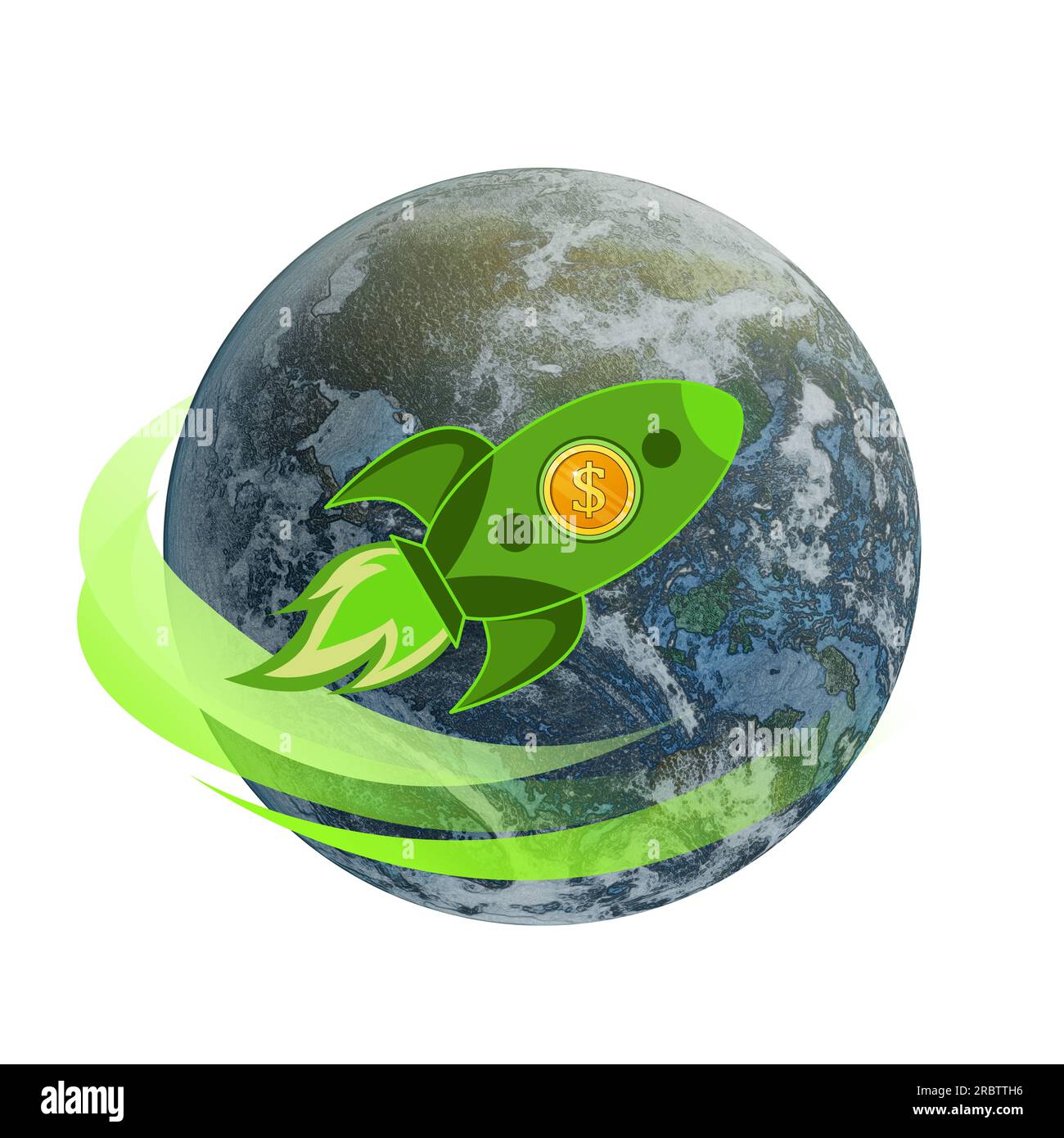 Rocket with dollar sign flying around planet symbolizing speed of money ...