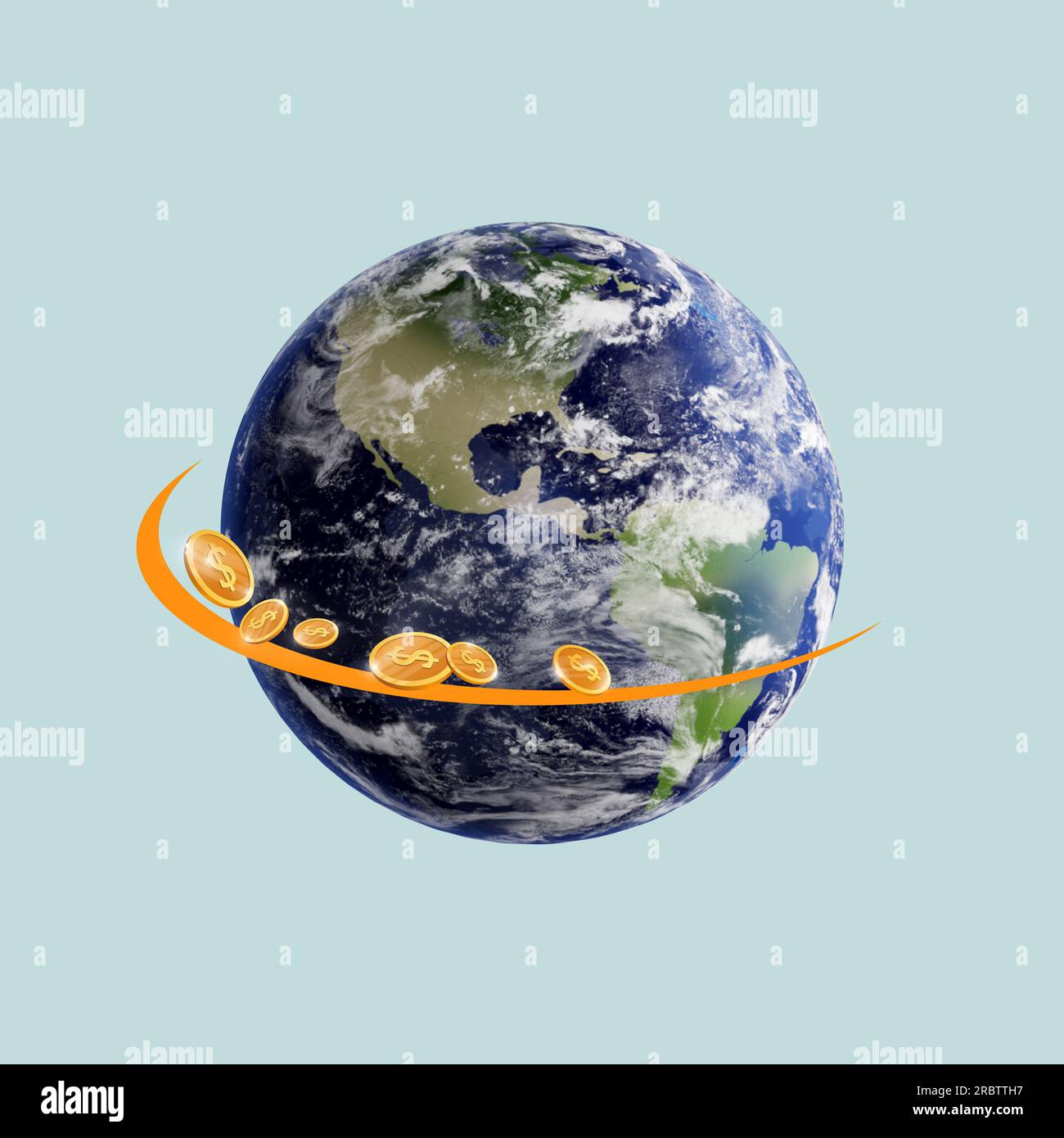 Coins flying around planet symbolizing money transaction. Illustration ...