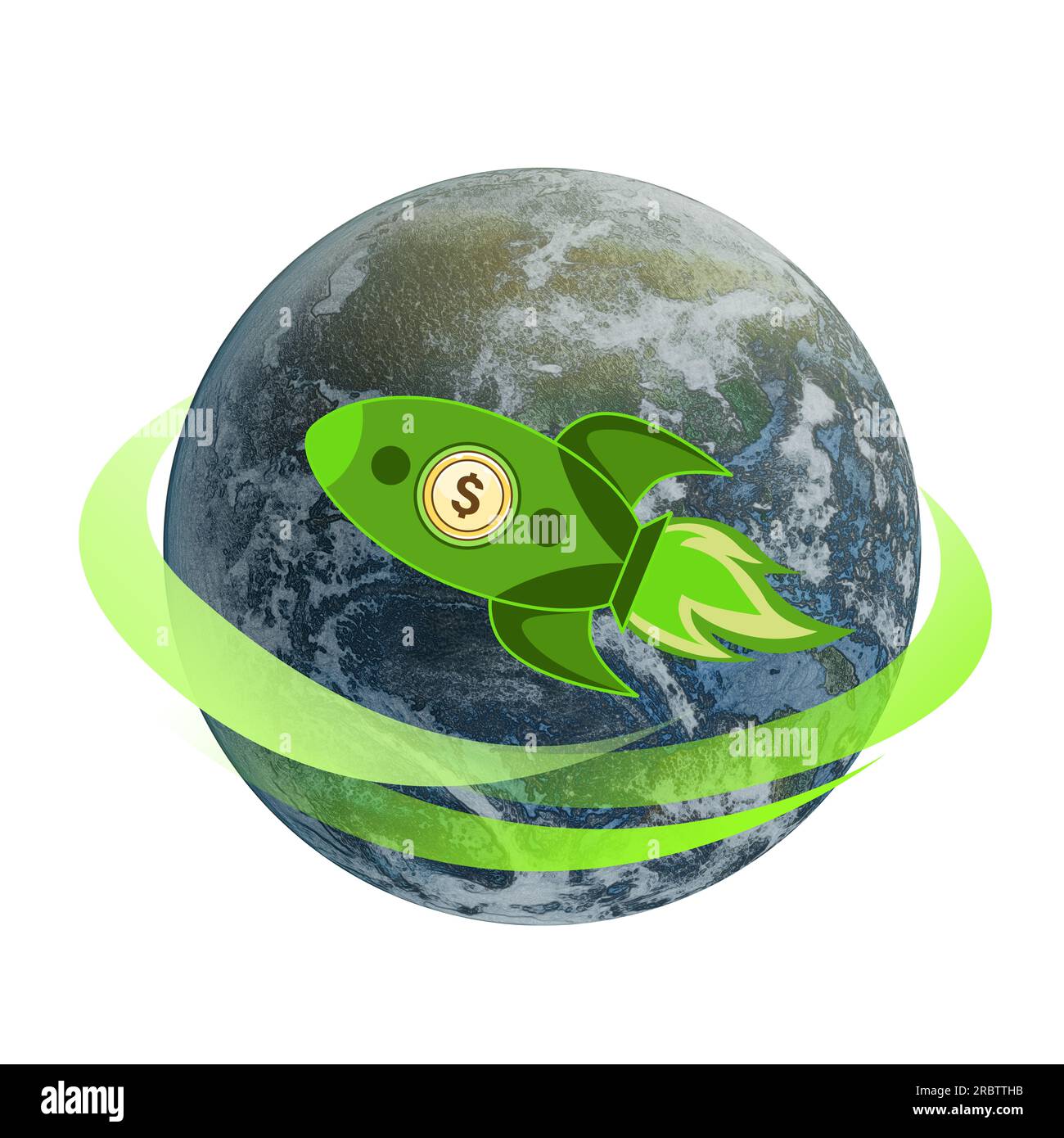 Rocket with dollar sign flying around planet symbolizing speed of money ...