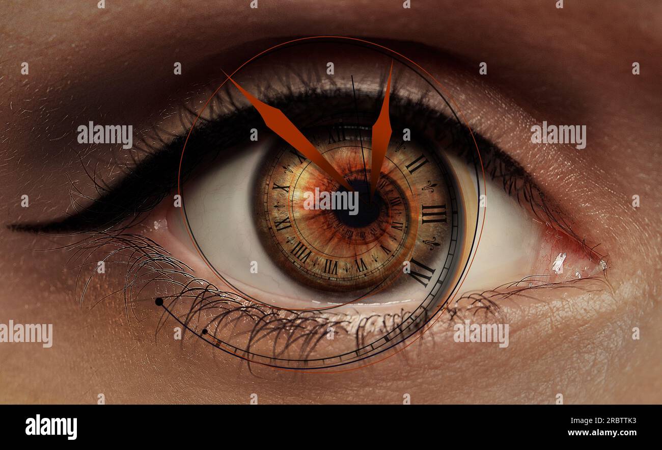 Paranormality, supernatural or mental disorders concepts. Woman with weird eye, closeup. Clock ...