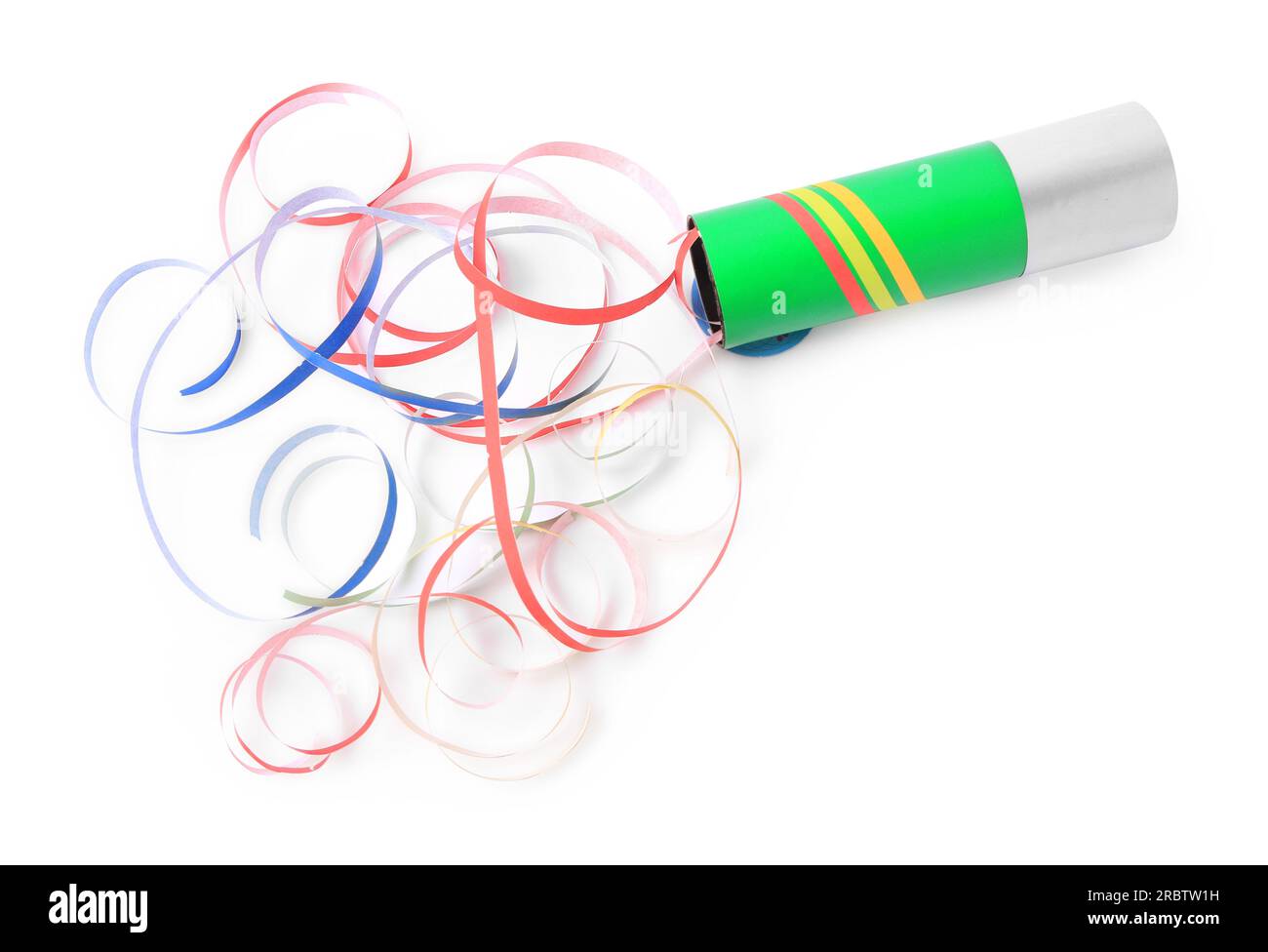 Colorful streamers with bright party popper isolated on white, above ...