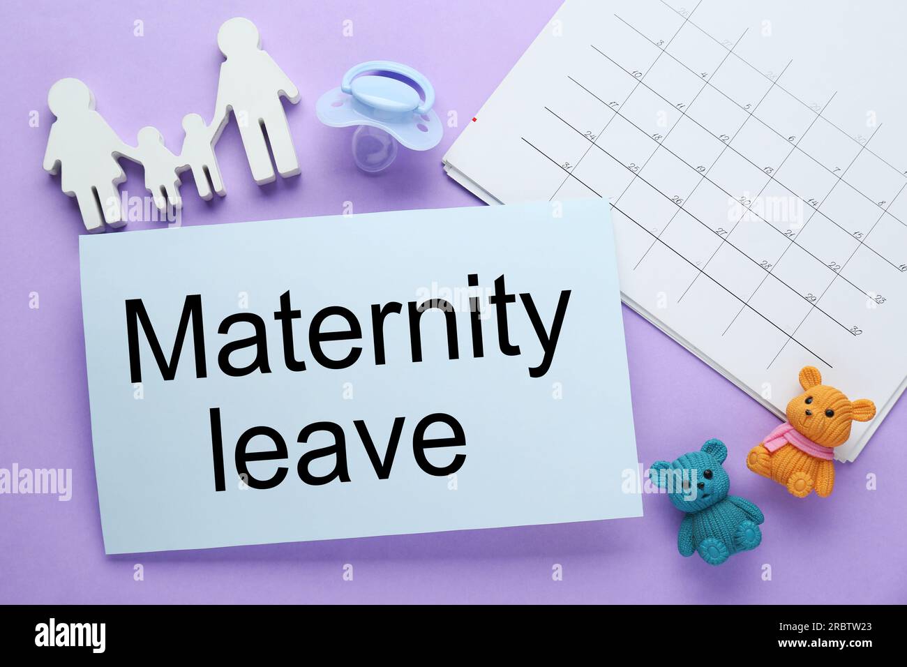 Note with words Maternity Leave, baby pacifier, figures of family ...