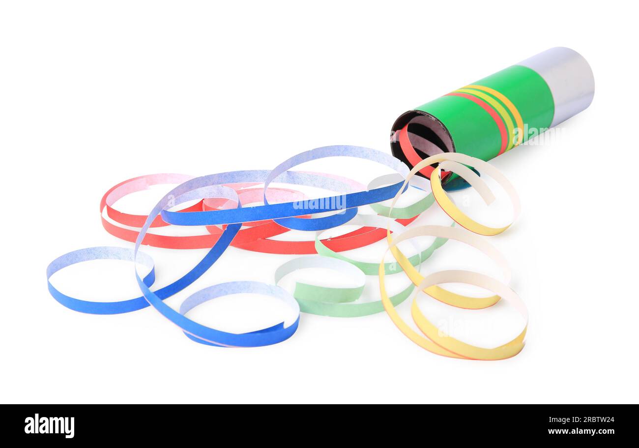 Colorful streamers with bright party popper isolated on white Stock ...
