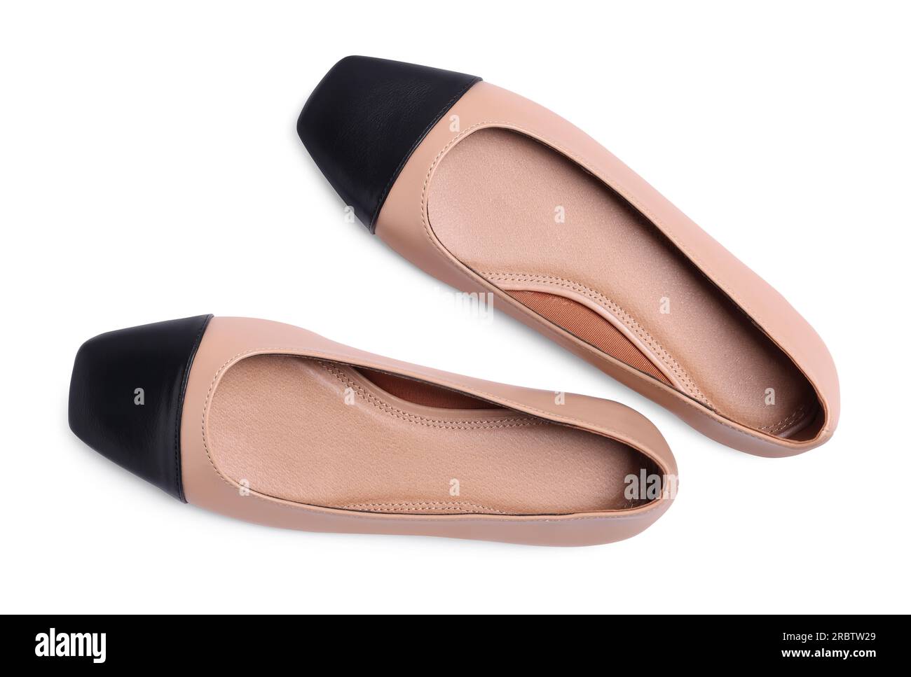 Pair of new stylish square toe ballet flats on white background, top ...