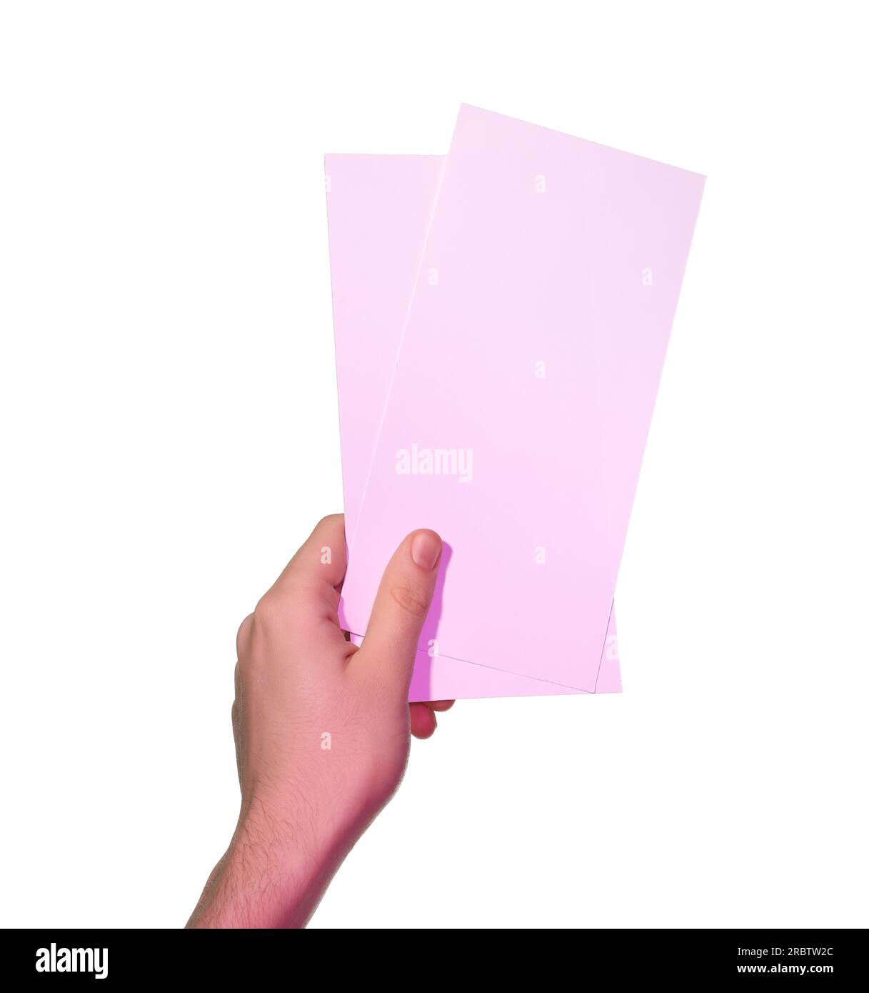 Man holding flyers on white background, closeup and space for text ...