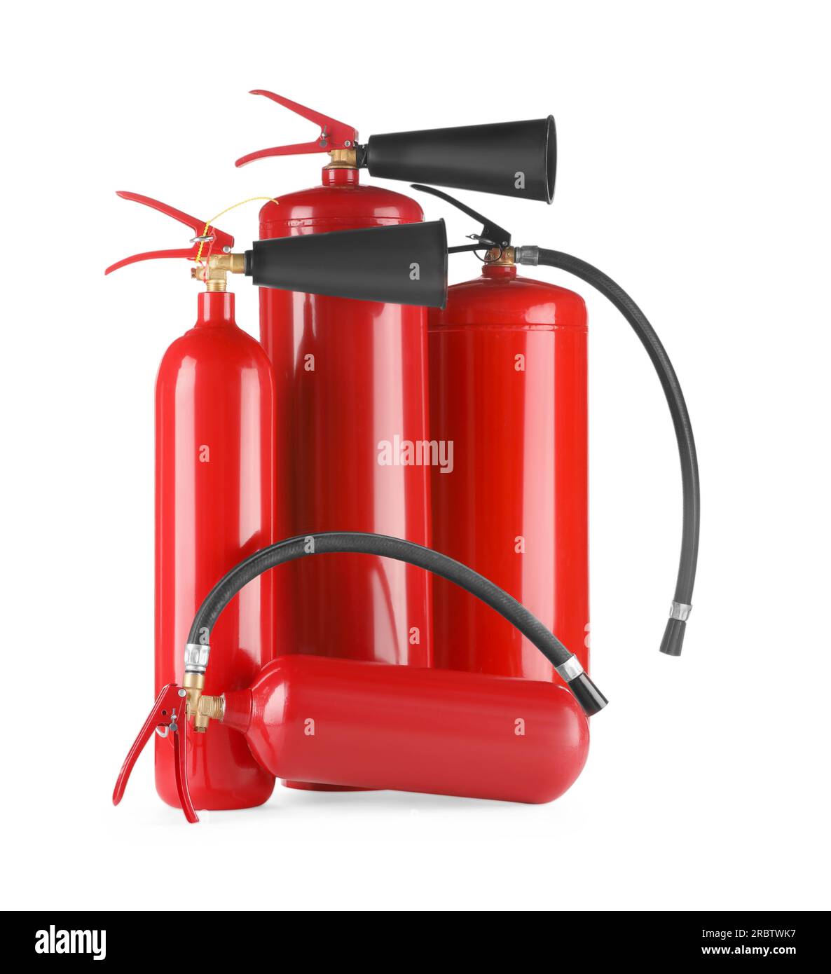 Many red fire extinguishers on white background Stock Photo - Alamy