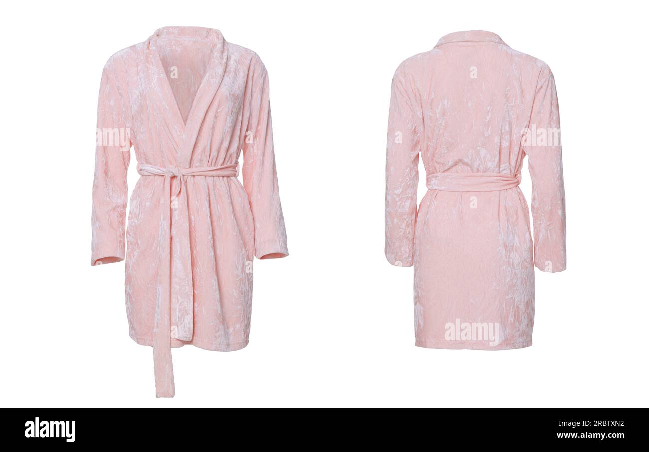 Collage with light pink velour bathrobe on white background, front and ...