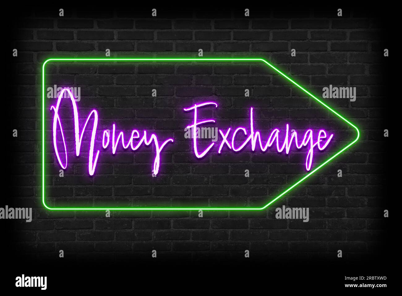 Bright Money Exchange neon sign on brick wall. Arrow shaped frame with ...