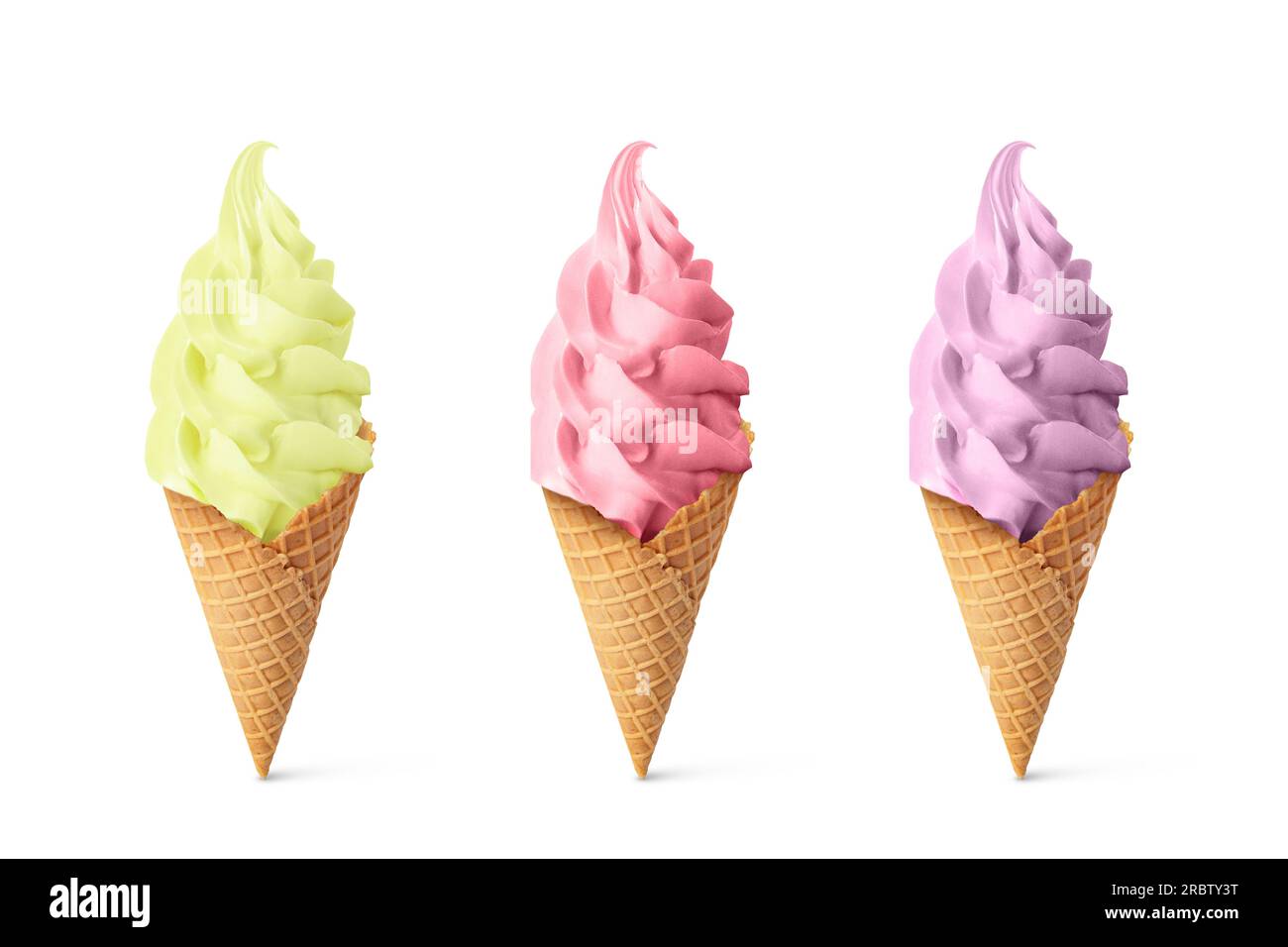 Set of different delicious soft serve ice creams in crispy cones on ...