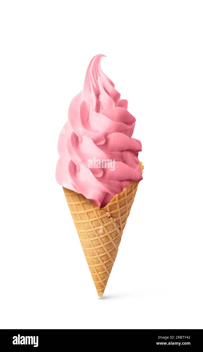 Delicious soft serve berry ice cream in crispy cone isolated on white ...